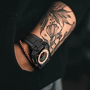 amBand Bands Case Screen Protector Compatible with Apple Watch Ultra 49mm, M1 Sport Series Rugged Cover Strap and 2 Pack Tempered Glass Film, Military Protective Bumper for iWatch 49 mm Men Black Gold