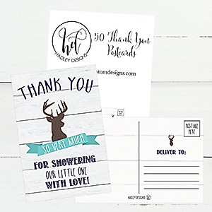 Hadley Designs 50 4x6 Rustic Deer Baby Shower Thank You Postcards Woodland Animals Bulk, Modern Cute Boho Blank Thanks Note Card For Girl or Boy Stationery Appreciation Set