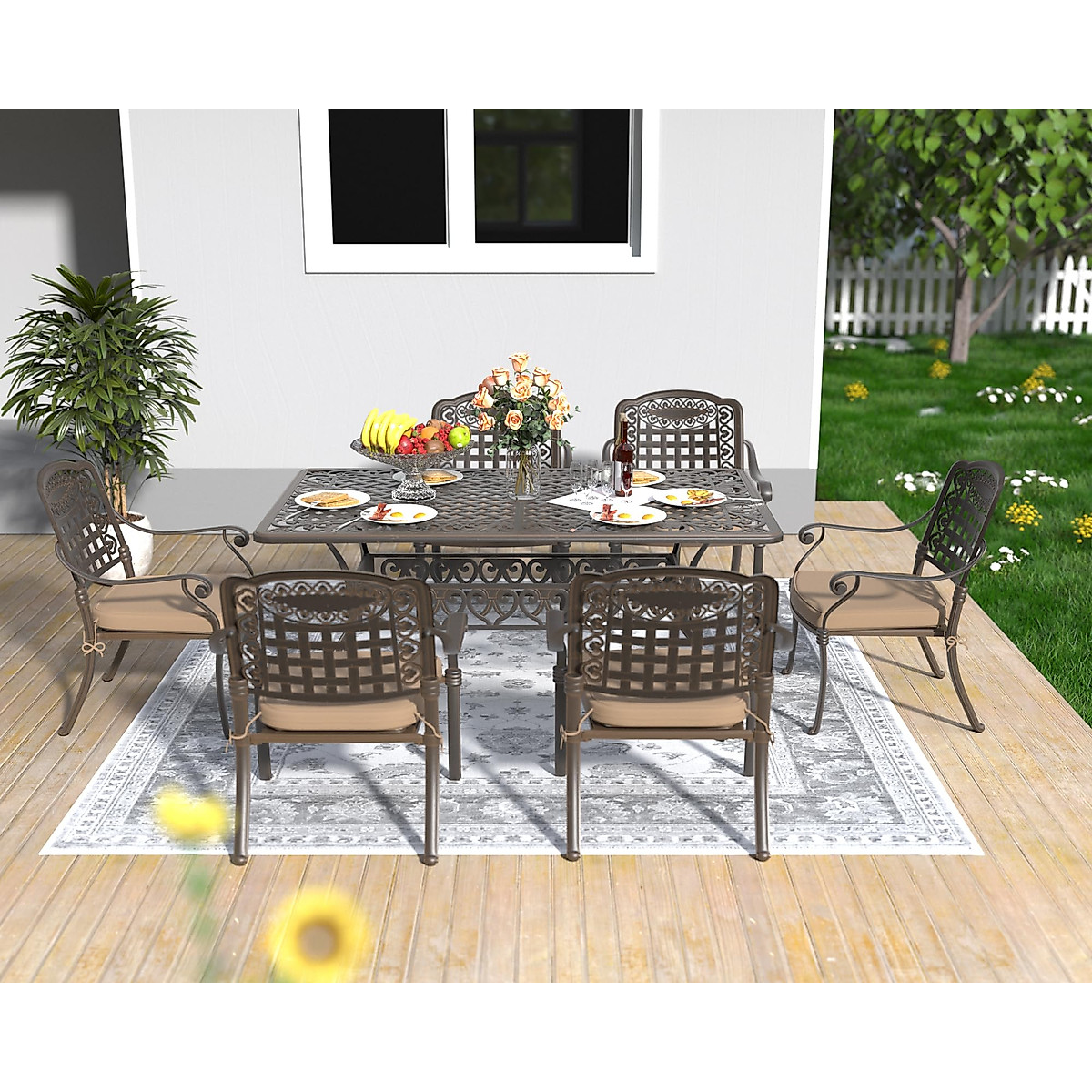 TITIMO Cast Aluminum Patio Dining Set 7-Piece with Cast-Top Table and Chairs with Cushions,Outdoor Furniture Set for Backyard Porch Pool (6 Love Chairs+Rect Table+Khaki Cushions)