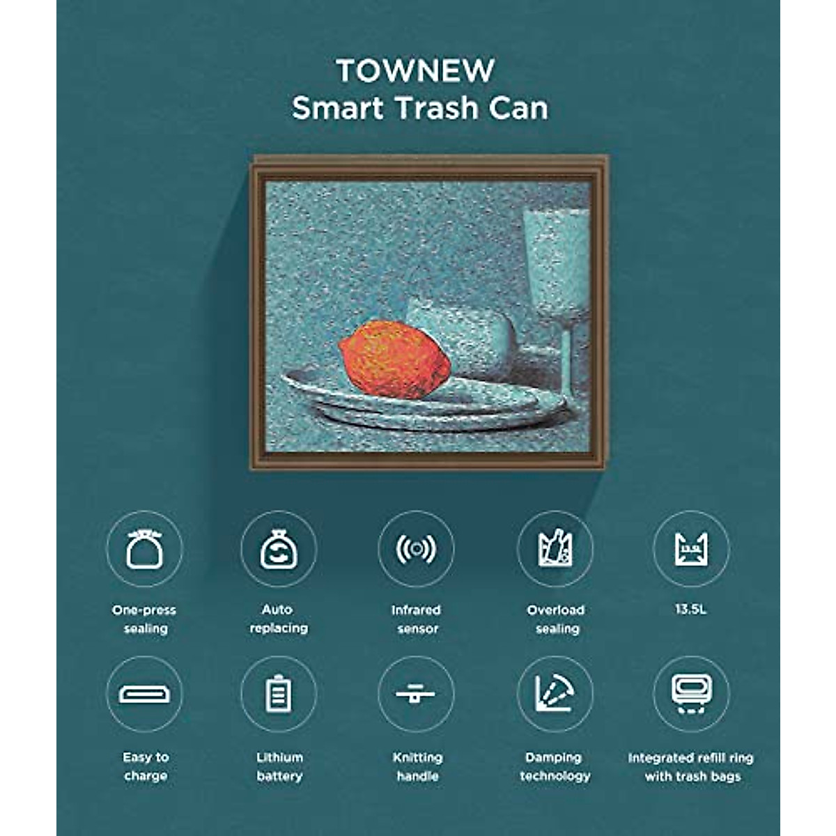 TOWNEW T Air X Orange Self Sealing Trash Can, 3.5 Gallon Automatic Garbage Can with Motion Sensor and Handle, Smart Trash Bin for Living Room Bedroom Kitchen Restroom, Orange