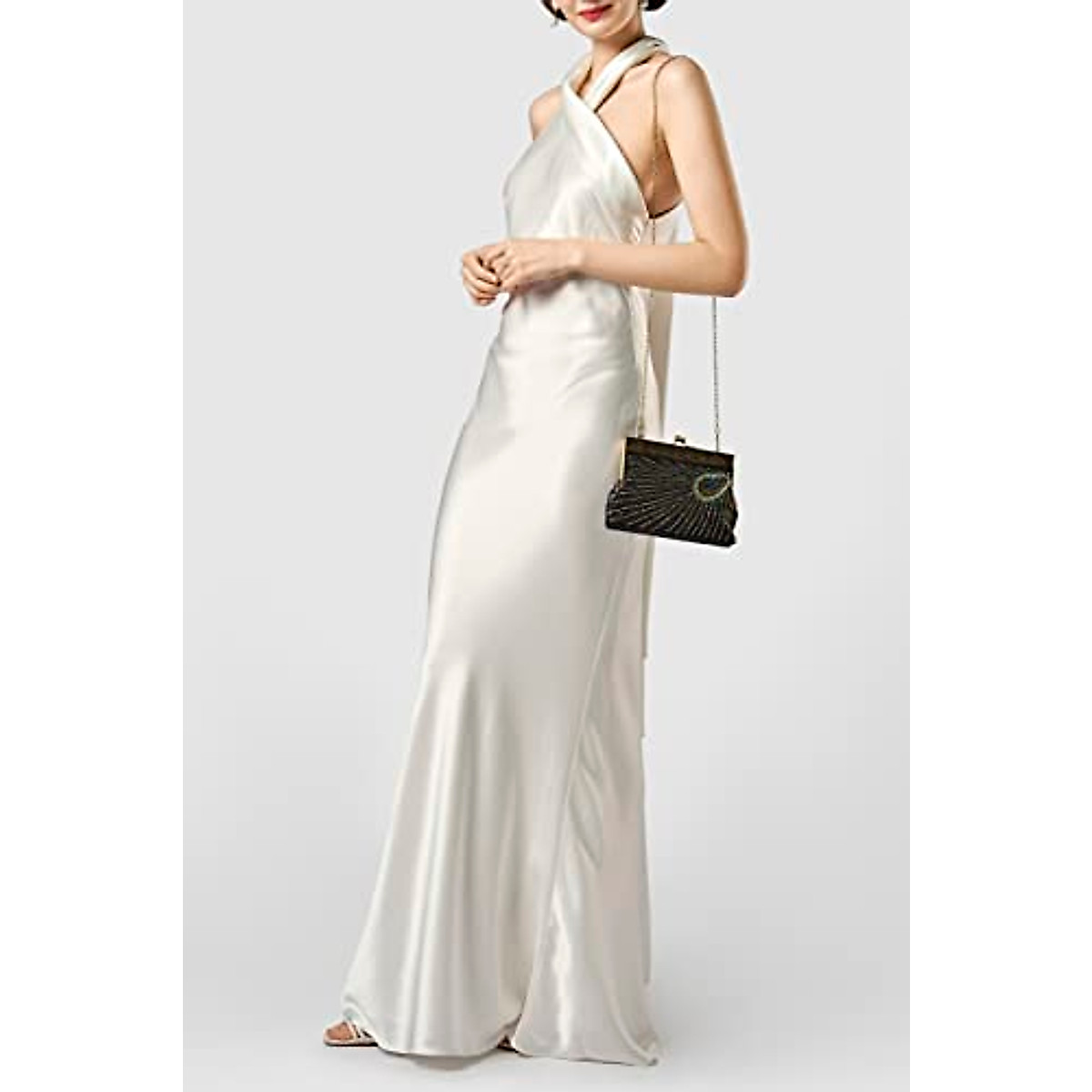 BABEYOND 1920s Flapper Peacock Clutch Gatsby Sequined Evening Handbag Beaded Bag (Style 2-Black)