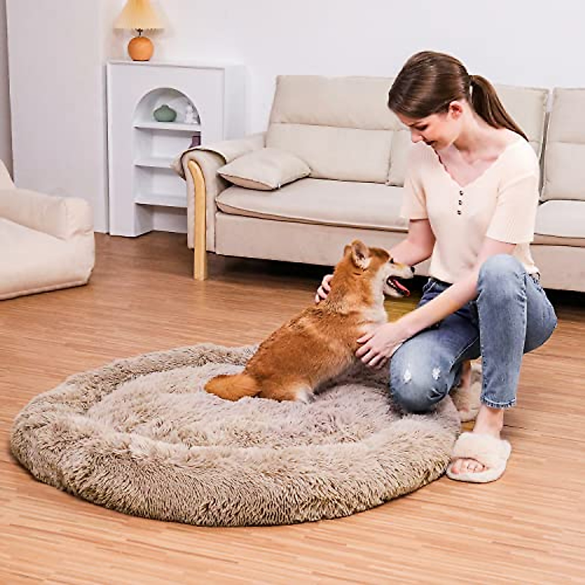 Bonteck Calming Dog Beds for Small Medium Large Dogs - Round Donut Machine Washable Dog Bed, Anti-Slip Faux Fur Fluffy Donut Cuddler Cat Bed, Multiple Sizes S-XL