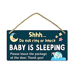 Funplus Baby Sleeping Sign for Front Door - Do Not Knock or Ring - 10″x5″ PVC Plastic Hanging Sign，Please do not knock or ring the bell, it upsets the dog, which upsets the baby, which upsets mom