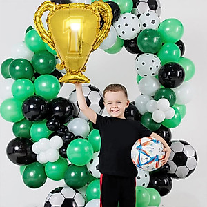 Soccer Balloon Arch Kit Boys, Green Balloon Arch Kit with Football Trophy Balloons Dark Green Black White Latex Balloons Metallic Silver Balloons for Baby Shower Birthday Soccer Party Decorations