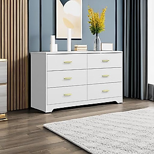 Modern 6 Drawer Wood Dresser, Wood Lateral Chest of Drawers Storage Organizer with Wide Drawers & Metal Gold Handles for Bedroom, Living Room, Hallway, Entryway