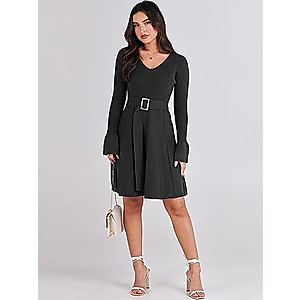 ANRABESS Sweater Dress for Women 2023 Fall Fashion Long Sleeve V Neck Tie Waist A-Line Pleated Swing Sexy Elegant Ribbed Knit Midi Formal Wedding Guest Dresses 1195heise-M Black