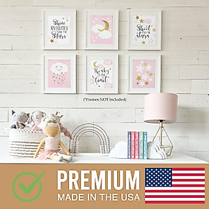Hadley Designs 6 Reversible 8x10 Moon and Stars Nursery Decor Prints, Shower Decorations, Moon and Stars Wall Decor For Baby Girl Nursery Wall Art, Baby Girl Nursery Wall Decor For Girls Bedroom
