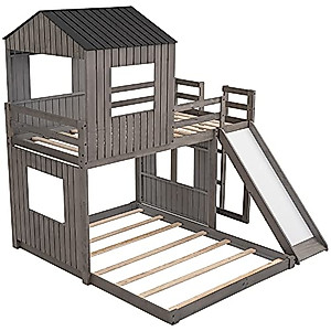 BOVZA House Bunk Beds with Slide, Wood Twin Over Full L-Shaped Bunk Beds with Roof, Windows, Ladder and Guardrails for Kids Teens Girls Boys, Antique Gray
