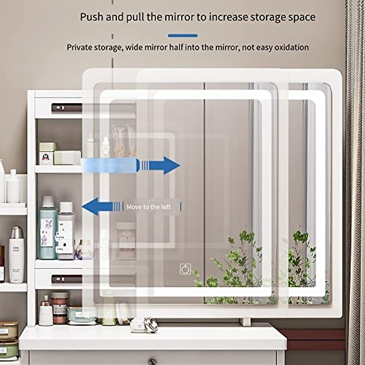 Vanity Set with Lighted Mirror,with Drawers Cabinet Storage Shelves&Cushioned Stool,3 Lighting Modes Adjustable Makeup Vanity Desk Brightness，makeup table Cabinet (80*38*131cm, Warm white)