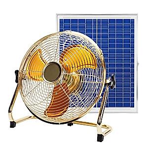 CYBERDAX 14 Inch Portable Golden All Metal Made Table Fan, Wireless Rechargeable Fan with Solar Panel Powered and AC Charger Dual Input for Indoor Housing, Office, Camping, Fishing Outdoors