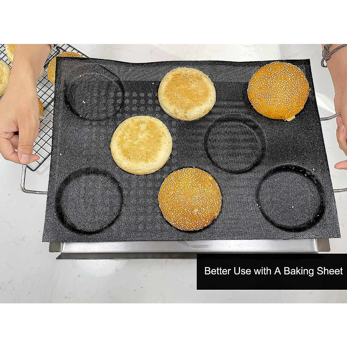 Hamburger Bun Pan, Mesh Silicone Hamburger Bun Mold, Non Stick Baking Pan for Making Buns, Great Perforated Bakery Molds for Gluten Free Buns(8 loaf, 17.1X12.2X1.6 inch)