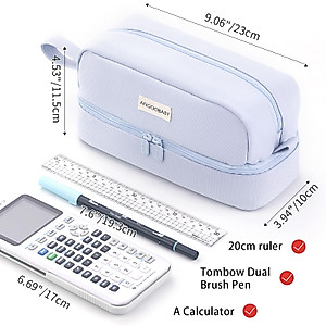 ANGOOBABY Big Capacity Large Pencil Case Canvas Pen Pouch Bag with 2 Compartments for Girls Boys Teen School Students Adults - Blue