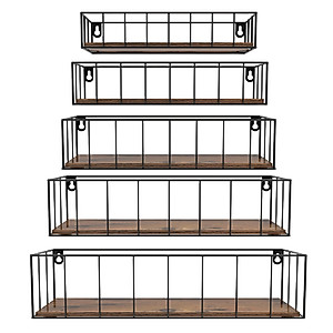 CRUGLA Floating Shelves Wall Mounted Set of 5, Hanging Storage Wall Shelf with Rail for Bathroom, Bedroom, Living Room, Kitchen