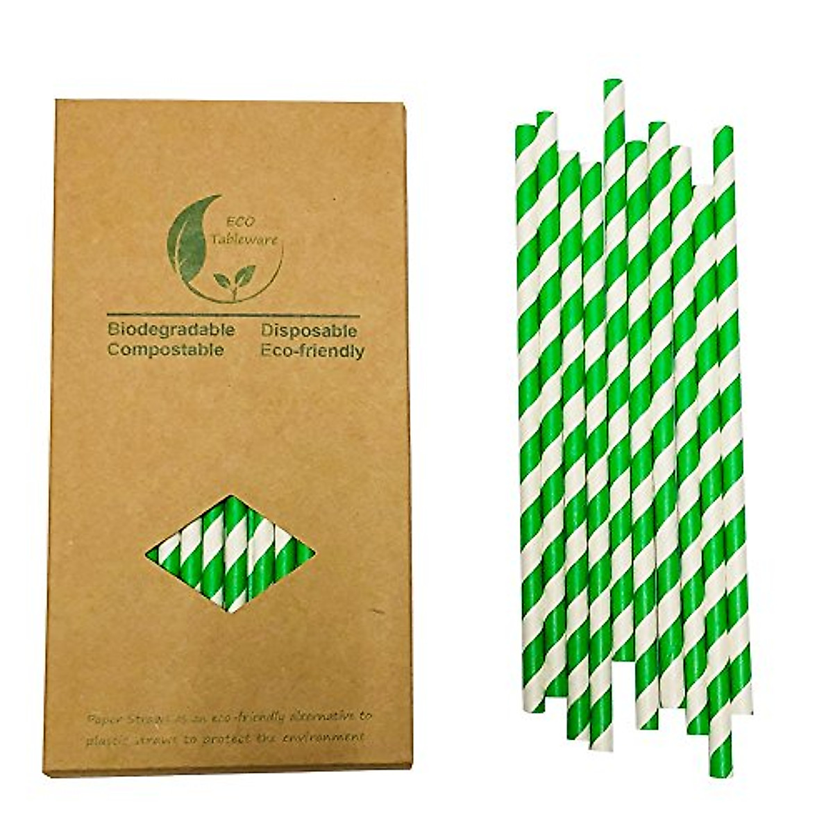 Green White Striped Straws, Disposable Paper Straws Spring Green Biodegradable Paper Drinking Straws 7.75 inch (100 of Box)
