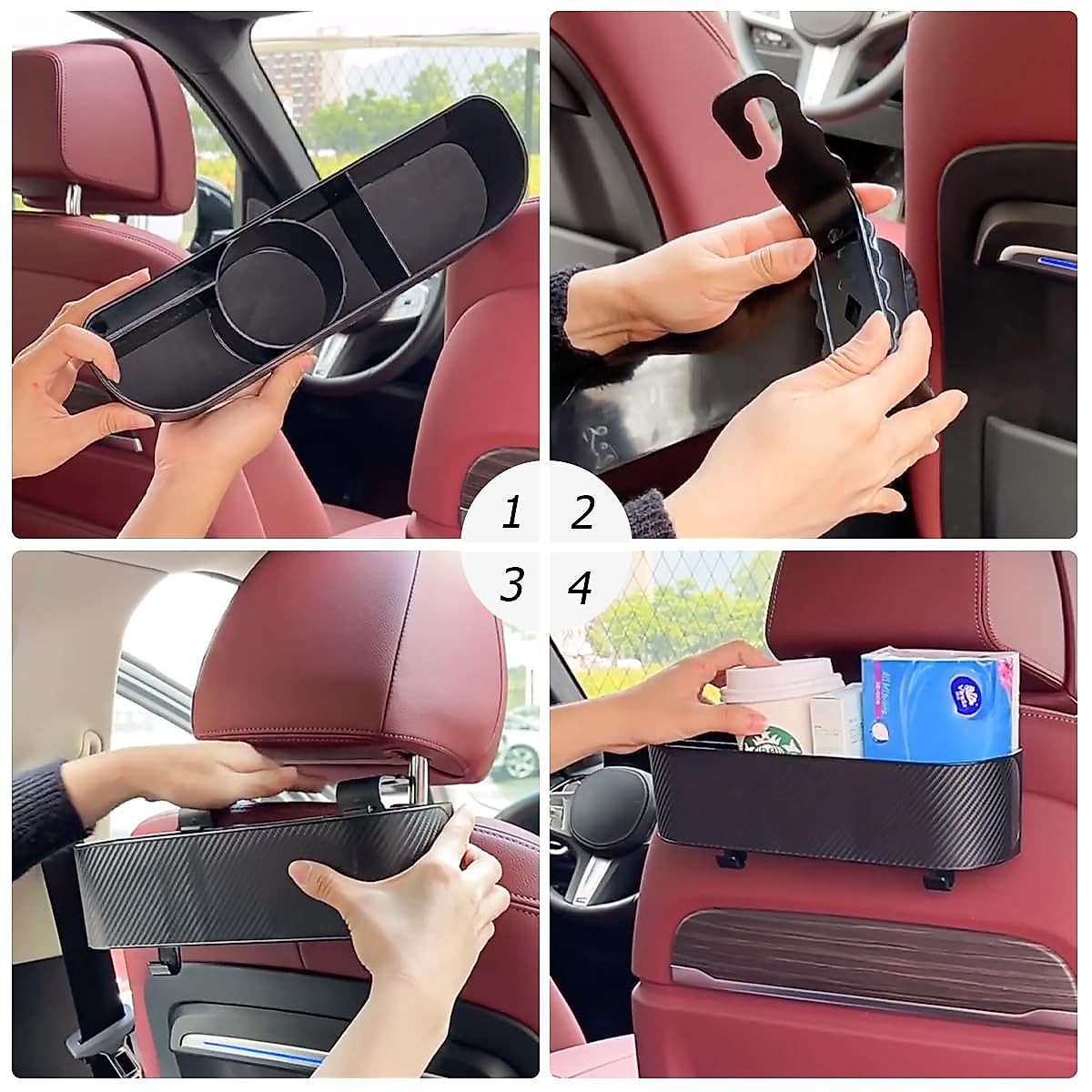 BELOMI Car Headrest Backseat Organizer with Cup Holder, Seat Back Hanging Storage Box with Hooks, Multi-Functional Drink Pocket Food Snack Phone Tray for Kids, Car Travel Accessories (Black)