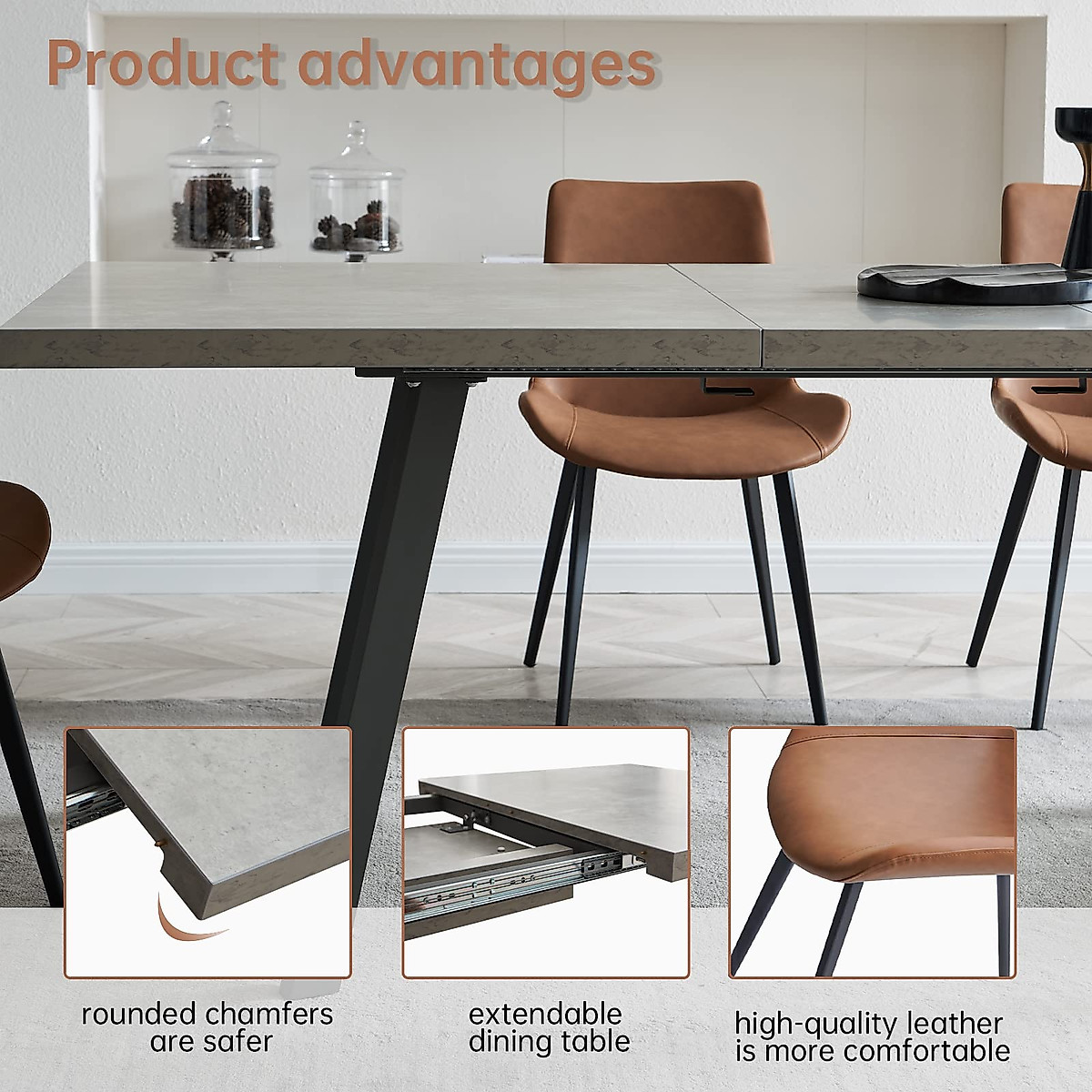 Zerifevni 62.9inches Dining Table Mid-Century Kitchen Table Set for Dining Room, Steel Legs (1 Table) 7244-GREY