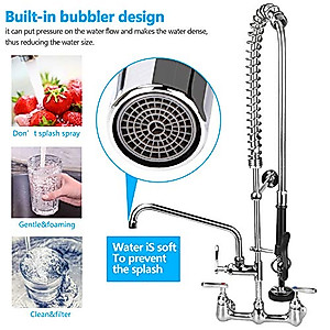 COOLWEST Commercial Sink Faucet 8 Inch Center Wall Mount Kitchen Faucet with Pull Down Pre-Rinse Sprayer and 12” Add-on Swivel Spout, 36” Height Perfect for 3 Bay Compartment Sink