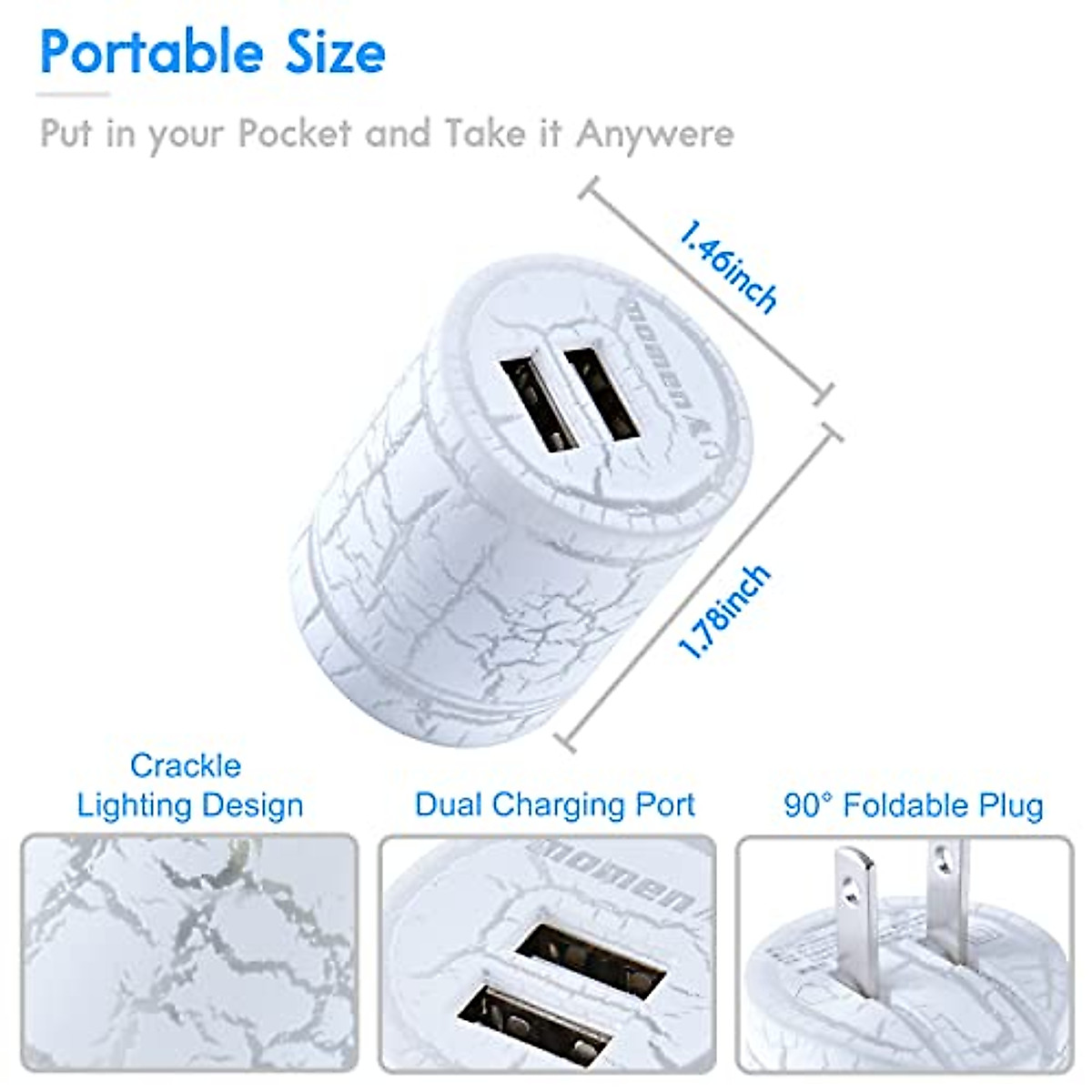 momen USB Wall Charger, Wall Fast Charger with Foldable Travel Plug for iPhone 11/Xs/XS MAX/XR/X/8/7, Samsung, LG, HTC, Kindle, PS4, 2 USB Wall Charger 5V/2.1A Wall Charger Block with Blue Night Light