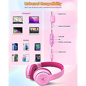 DOQAUS Wired Headphones for Kids, Kids Headphones with Microphone & Volume Limiter & Shareport, Gift for Children/Girls/Boys/Teens, 3.5mm Jack for Cellphones/Computer/Kindle/Tablet/School/Travel(Pink)