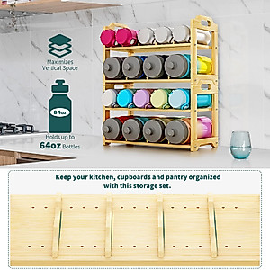 KOK KAY Water Bottle Organizer, Stackable Bamboo Water Bottle Holder, 20 Freestanding Wine Rack Storage - 4-Layer Adjustable Water Bottles Storage Organizer Rack