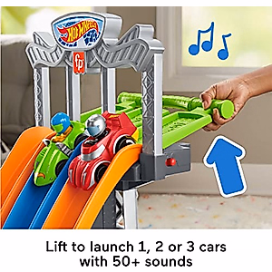 Fisher-Price Little People Toddler Playset Hot Wheels Racing Loops Tower Race Track with Stunt Ramp & Sounds for Ages 18+ Months