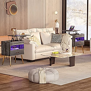 Cyclysio 35 Inches Nightstand with Reversible Lift Top, Large Night Stand with LED Lights, Tall Bedside Table with Charging Station, High End Side Table for Bedroom, Sofa Side, Living Room, Grey