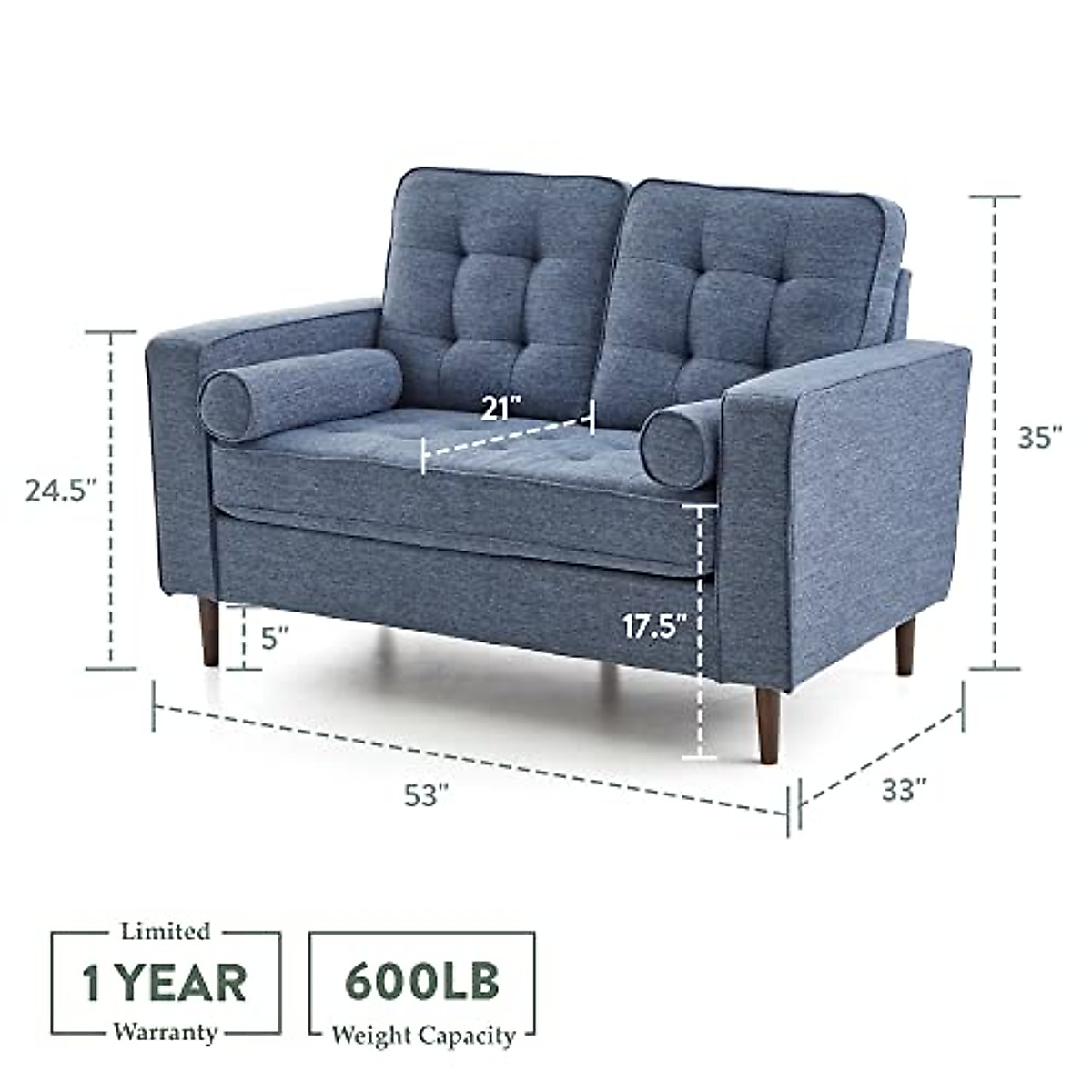 Edenbrook Lynnwood Upholstered Loveseat - Living Room Office or Bedroom - Mid-Century Modern Design Furniture - Buttonless Tufting - Simple Assembly - Includes 2 Bolster Pillows - Navy