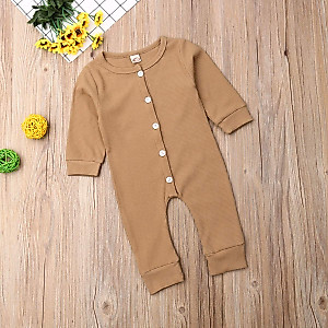 Kuriozud Newborn Infant Unisex Baby Boy Girl Long Sleeve Button Solid Knitted Romper Bodysuit One Piece Jumpsuit Summer Outfits Clothes (Long Sleeve Jumpsuit Brown, 0-3 Months)