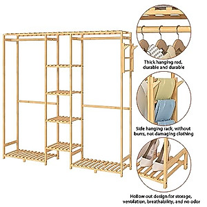 UDEAR Garment Rack Bamboo Clothes Rack for Hanging Clothes,Clothing Racks Storage Organizer with 2 Rods,5 Shelves and 2 Hooks,Multi-Functional Wardrobe Closet
