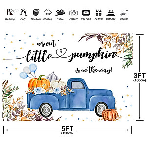 Aperturee Little Pumpkin Baby Shower Backdrop 5x3ft A Little Sweet Pumpkin is On The Way Blue Truck Leaves Balloons It's a Boy Photography Background Fall Autumn Party Decorations Banner Photo Booth…