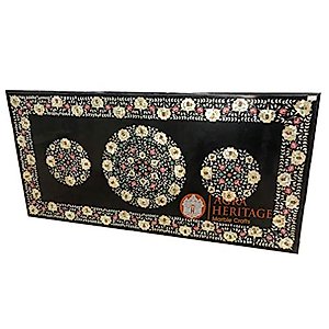 Black Marble Big Dining Table Top Mother of Pearl Inlay Gemstone Fine Design Decor | 84"x48" Inches