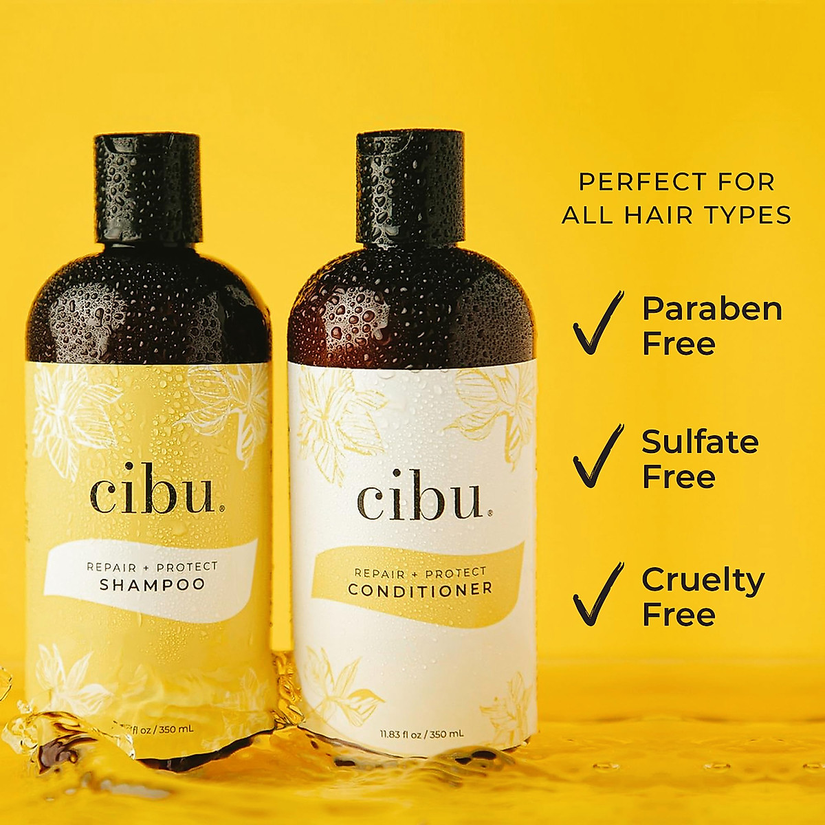 CIBU Repair + Protect Shampoo 30002 Restores Damaged Hair Protects From Breakage | Safe for Color-Treated Hair | Smooths & Strengthens | Sulfate-Free | Gentle for Daily Use | Refreshing Scent 11.83oz