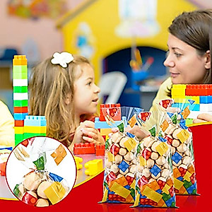 100 Pcs Building Block Cellophane Treat Bags, Color Bricks Theme Building Block Candy Goodie Bags Plastic Party Favor Bags with 100 Silver Twist Ties for Birthday Party Supplies (Clear Background)