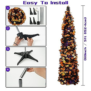 Halloween Pumpkin Tree with 50 Lights,5ft Pop Up Pencil Collapsible Tinsel Halloween Christmas Trees Decorations Indoor for Home Door Porch Bedroom Decor Holiday Party,WOKEISE
