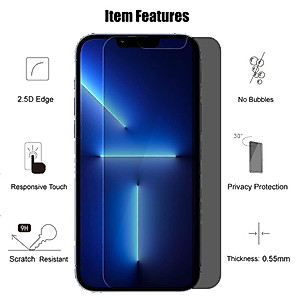 UZWZW (3+3) For iPhone 13 Pro Max (6.7") (3 Pack) Anti Spy Private Tempered Glass Film Privacy Screen Protector and (3 Pack) Camera Lens Protector [Not Affect Flash], 9H Hardness, Anti Scratch