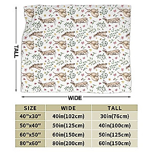 Rabbits and Flowers Throw Blanket Warm Cozy Lightweight Blankets Soft Easter Bunny Flannel Blanket for Sofa Couch Bed Office Holiday Decorative 80"X60"