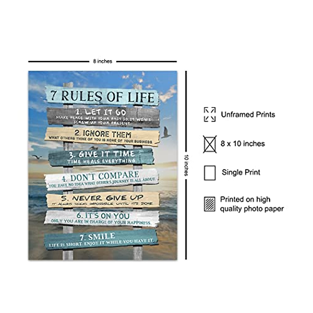Inspiration Motivation Wall Art & Decor - 7 Rules Of Life Motivational poster 8x10 - Inspirational Gift for Woman Men - Positive Quotes Saying - Home Office Bedroom Living Room Beach House Wall Art