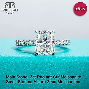 AnuClub Moissanite Engagement Ring 3.3cttw D Color Lab Created Diamond Radiant Cut 18K White Gold Plated Sterling Silver Eternity Wedding Promise Anniversary Band Ring, Christmas Gift for Women 8
