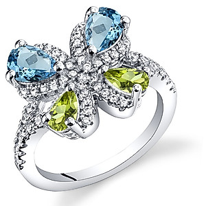 PEORA Swiss Blue Topaz and Peridot Butterfly Ring for Women 925 Sterling Silver, Natural Gemstones, 1.50 Carats total, Size 5 - August Birthstone Gift, Real Peridot Jewelry