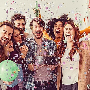 OSDUE 3000 Pieces Pink Gold Silver Happy Birthday Confetti, 50 Years Birthday Cake Confetti, Metallic Foil Balloon Confetti, Table Scatter Confetti Decoration Supplies, for Birthday Party (50th Style)