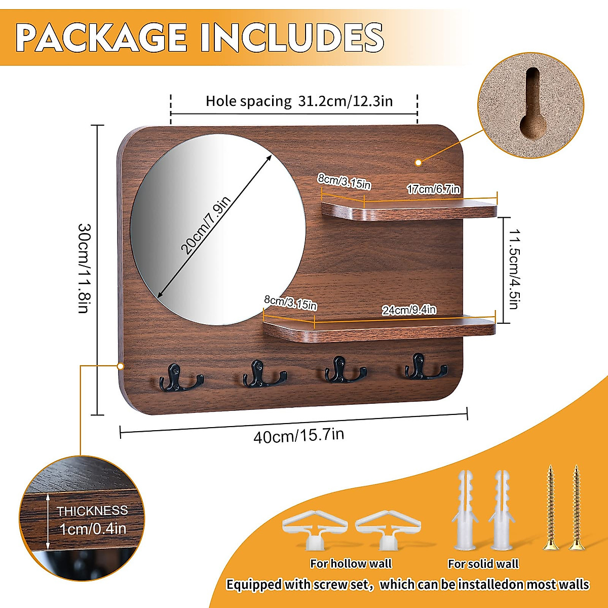 YeadCedle Coat Rack with Shelf Rustic Wooden Wall Mounted Hanging Coat Rack with Mirror Shelf and 4 Double Hooks Decorative Entryway Hook Shelf for Hallway Living Room Bedroom 16"x12" (Brown S)