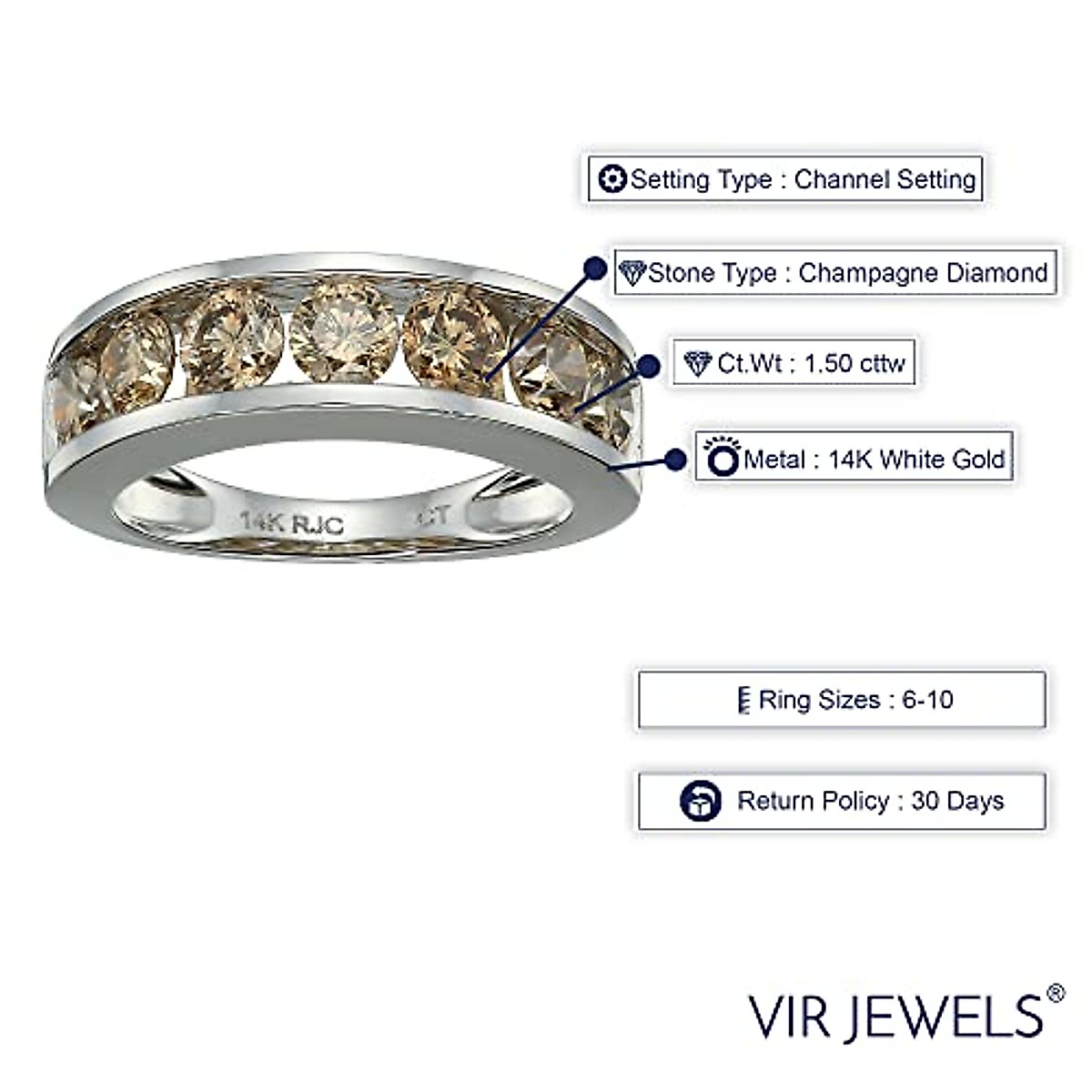 VIR JEWELS 1.50 cttw Champagne Diamond Wedding Band for Women in 14K White Gold 7 Stones Channel Set I1-I2, Size 6