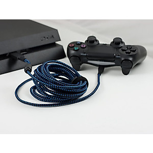 Lioncast Controller Cable for Xbox One and PS4 with Textile Cover Protection and Cable Strap Organizer | ps4 Charger Cable | Controller Charging Cable | Micro USB 2.0; 1 x 4 Meters – Blue and Black