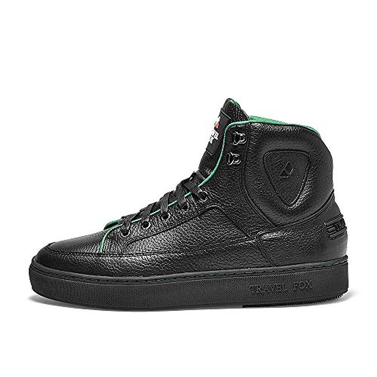 TRAVEL FOX Men's Jay Black/Green Nappa Leather Round Toe Lace-Up High-Top Sneakers 9.5 US