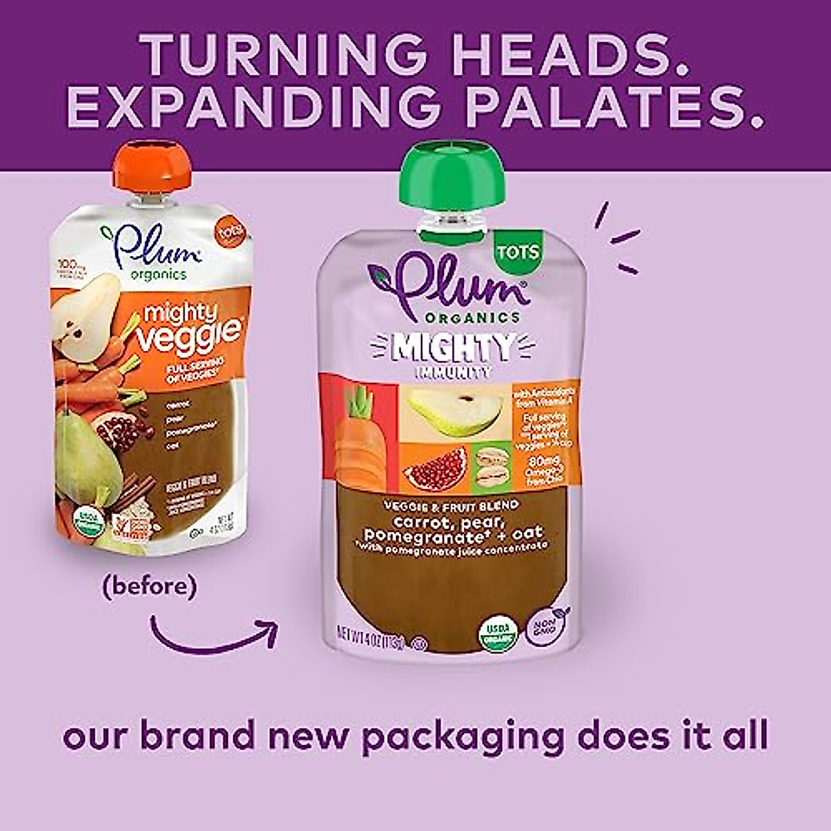 Plum Organics Mighty Immunity Organic Toddler Food - Carrot, Pear, Pomegranate, and Oat - 4 oz Pouch (Pack of 12) - Organic Vegetable Toddler Food Pouch