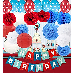 Qian's Party Dr. Seuss Cat in the Hat Birthday Party Decorations/Thing One and Thing Two Birthday Decorations/Dr Seuss Baby Shower Decorations Turquoise White Red HAPPY BIRTHDAY BANNER /