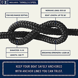 Rainier Supply Co. Boat Anchor Line - 100 ft x 1/2 inch Anchor Rope - Double Braided Nylon Anchor Boat Rope with 316SS Thimble and Heavy Duty Marine Grade Snap Hook - Black