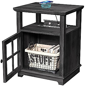 HIFYOBRO End Table with Wireless Charging Station, Nightstand with Storage, Wood Sofa Side Table with USB Port for Living Room, Bedroom, Grey