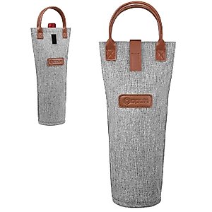 opux Wine Bag Single Bottle Carrier Tote, Insulated Travel Wine Cooler Bag for Picnic Beach Gift, Thermal Padded Portable One Bottle Holder Carrying Case for Women Men Wine Lovers, Heather Gray