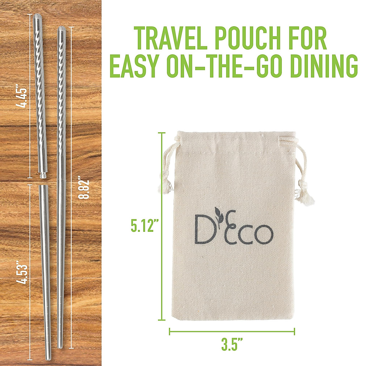 D'Eco Reusable Metal Chopsticks (4 Pairs) - Includes 4 Sets of Stainless Steel Twist Apart Silver Chopsticks & Travel Pouch - Lightweight, Durable, Dishwasher Safe - Great for Chinese Japanese Cuisine